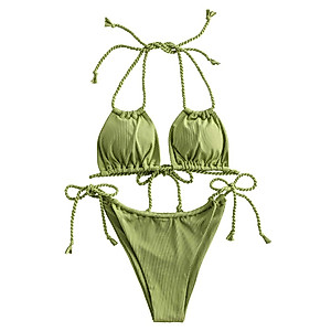 ZAFUL Ribbed Sexy Halter Bikini for Women Multi Way Bikini Sets Tie Side High Cut Two Piece Swimsuit Green M