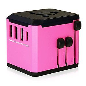 Travel Adapter, Universal Wall Charger AC Plug Adaptor with 3.6A Smart Power and 3.0A USB Type-C for USA EU UK AUS (Pink)