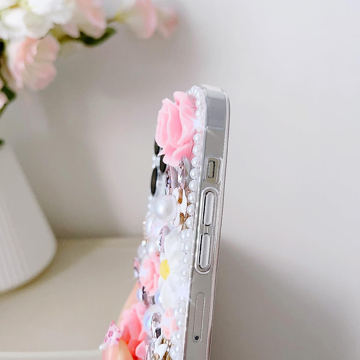 Changjia for iPhone 14 Pro Max Glitter Bling Case, Girly Cute Luxury 3D Crystal Rhinestone Flowers Diamond Pearl with Lanyard Wrist Strap Women Girls Case Cover for iPhone 14 Pro Max 6.7 inch (Purple)