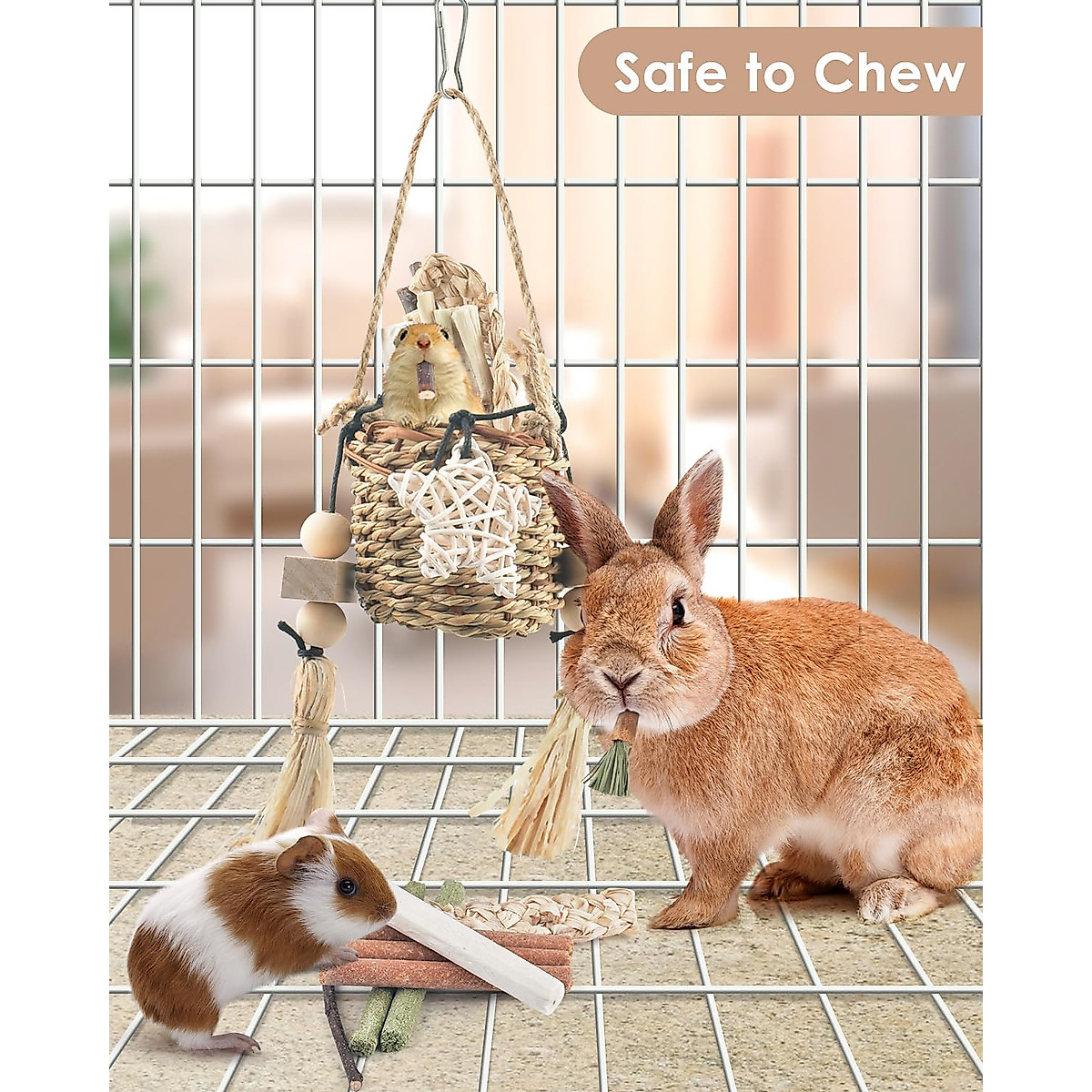 Bissap Bunny Chew Toys, Natural Seagrass Hanging Basket Chews Water Plant Woven Chinchillas Chewing Treats for Rabbits Guinea Pigs Chinchillas Hamsters Rats and Other Small Pets Teeth Grinding Toy