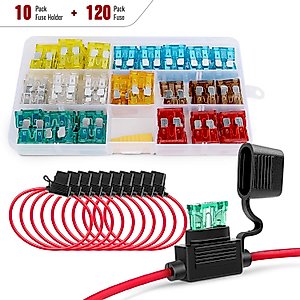 Nilight - 50029R 120 Pcs Standard Blade Fuse 5A/7.5A/10A/15A/20A/25A/30A AMP Assorted Set with 10 Pack 14AWG ATC/ATO Inline Fuse Holder, 2 Years Warranty, 1 Count (Pack of 10)