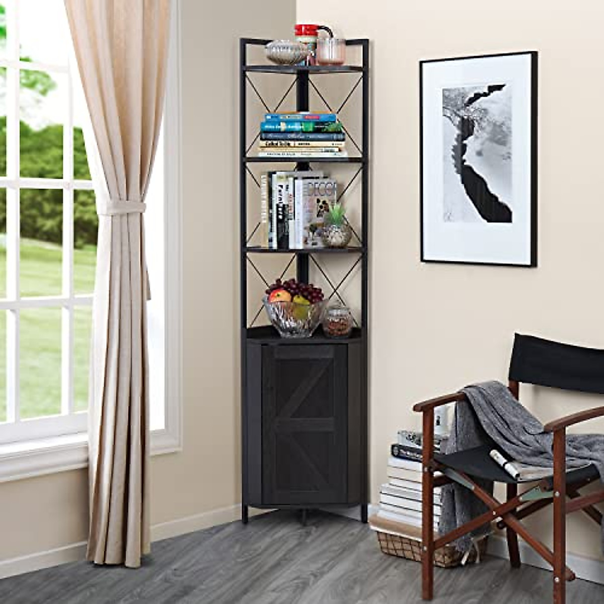 Finnhomy Corner Shelf with Cabinet, 71 Inches Multipurpose Corner Bookshelf, Corner Shelf Stand Display Rack, Corner Storage Shelves for Bedroom, Living Room, Kitchen, Bathroom, Dark Gray