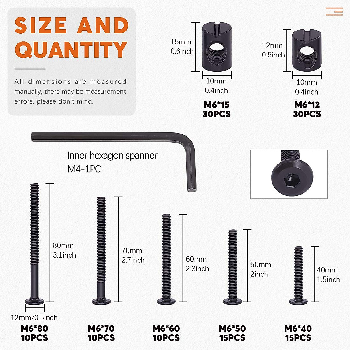 Rustark 121 Pcs Baby Bed Crib Screws Bolts Nuts Assortment Set M6 Hex Socket Head Cap Screws, Barrel Bolt Nuts Hardware Replacement Kit for Furniture Cots Beds Crib and Chairs (40mm-80mm)