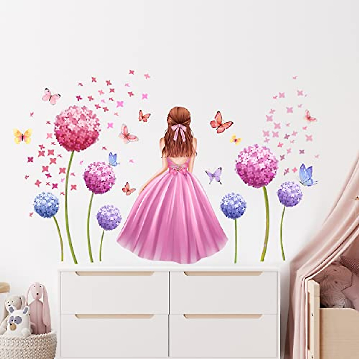 Pink Flower Wall Sticker Butterfly Fairy Girl Wall Decals DIY Purple Princess Wall Stickers Removable Dandelion Floral Wall Decals Waterproof Wall Mural for Kids Nursery Bedroom