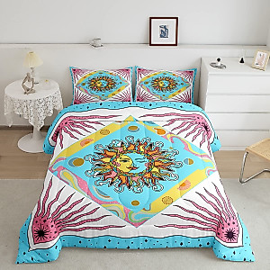 Manfei Sun Moon Comforter Set Full,Starry Sky Galaxy Trippy Bedding Set 3pcs for Kids Teens Adults Room Decor,Boho Exotic Geometric Creative Quilt Set,Colorful Blue Duvet Insert with 2 Pillowcases