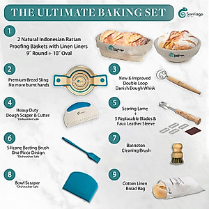 Banneton Bread Proofing Basket Set, 9 Inch Round & 10 Inch Oval Banneton Basket & Sourdough Bread Baking Supplies, with Danish Dough Whisk, Silicone Bread Sling, Linen Liner, Bread Lame, Bowl Scraper