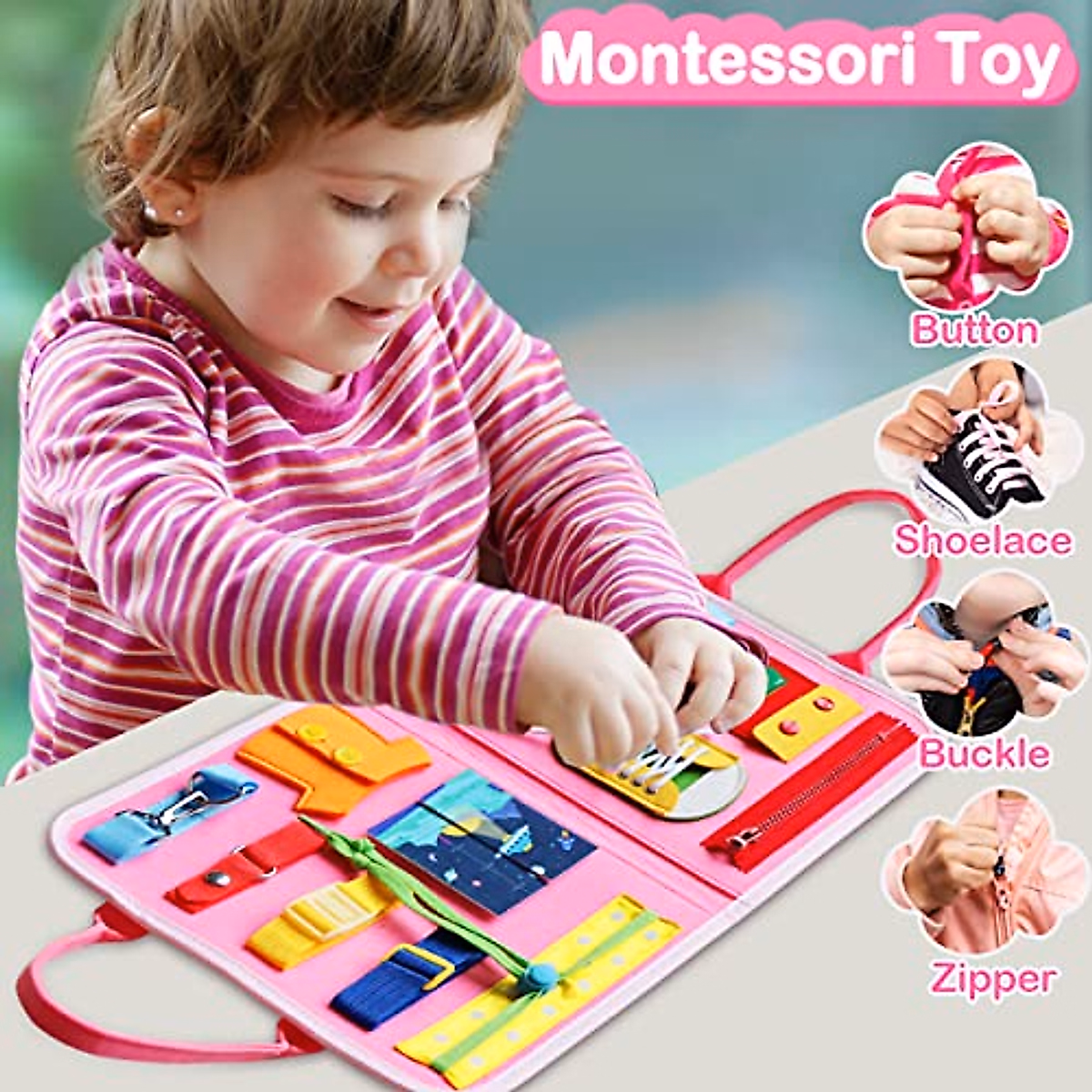 ZMLM Montessori Busy Board Toy: Toddler Sensory Toy Christmas Birthday Gifts for 1 2 3 4 Years Old Girl Boy Preschool Buckle Zipper Activity Board Kids Educational Travel Toy Learning Fine Motor Skill