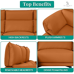 Naomi Home High Back Sectional Sofa, Pet-Friendly and Easy to Clean Oversized L-Shaped Sofa with Ottoman, Convertible Couch with Headrests and Armrest Pillows for Living Room or Apartment, Caramel