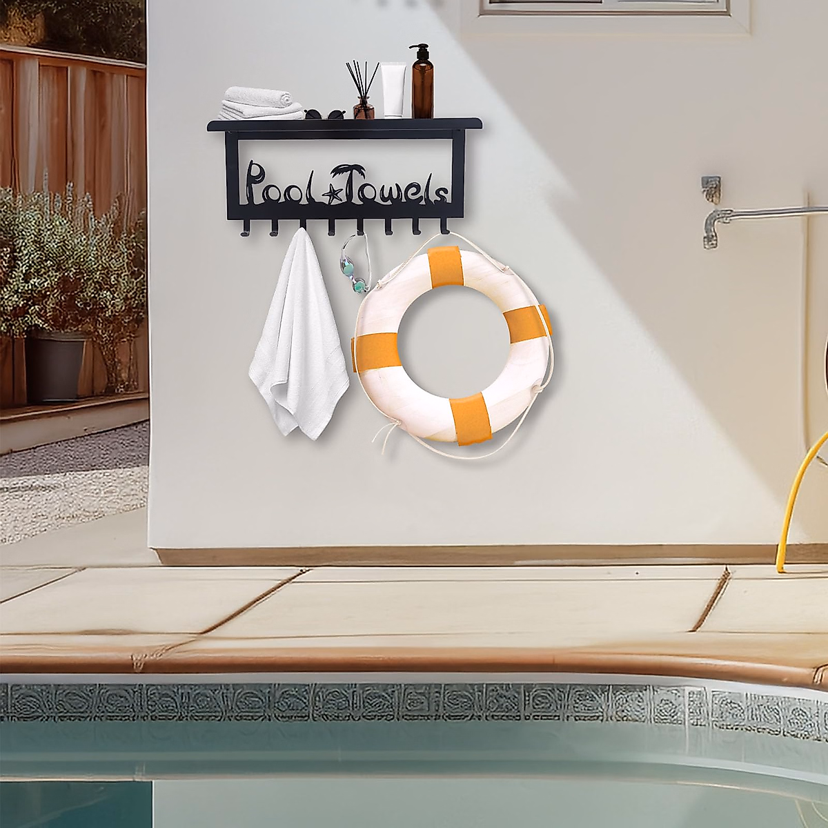 OYEFLY Pool Towel Rack,Wall Mount Towel Hooks Towel Holder with 8 Hooks,Pool Area Outside Sign (Black with Shelf, 16.1in)