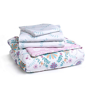 Delta Children 4 Piece Toddler Bedding Set for Girls - Reversible 2-in-1 Comforter - Includes Fitted Comforter to Keep Little Ones Snug, Bottom Sheet, Top Sheet, Pillow Case - Pink Bohemian