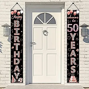 50th Birthday Decorations Door Banner for Women, Cheers to 50 Years Party Supplies Decor, Rose Gold Happy Fifty Year Old Birthday Porch Sign for Indoor Outdoor