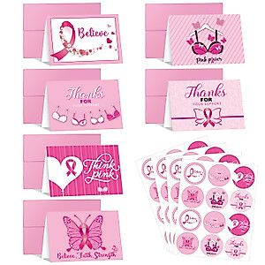 Tenceur 60 Sets Breast Cancer Cards Pink Ribbon Thank You Cards Breast Cancer Thank You Cards with Envelopes and Stickers for Breast Cancer Fundraising and Awareness Events