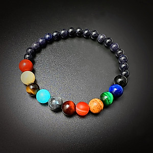 ATIMIGO 2 Pack Solar System Bracelet 7 Chakras Healing Natural Stone Bracelets for Women Men Stress Relief Yoga Beads Elastic Bracelet Bangle