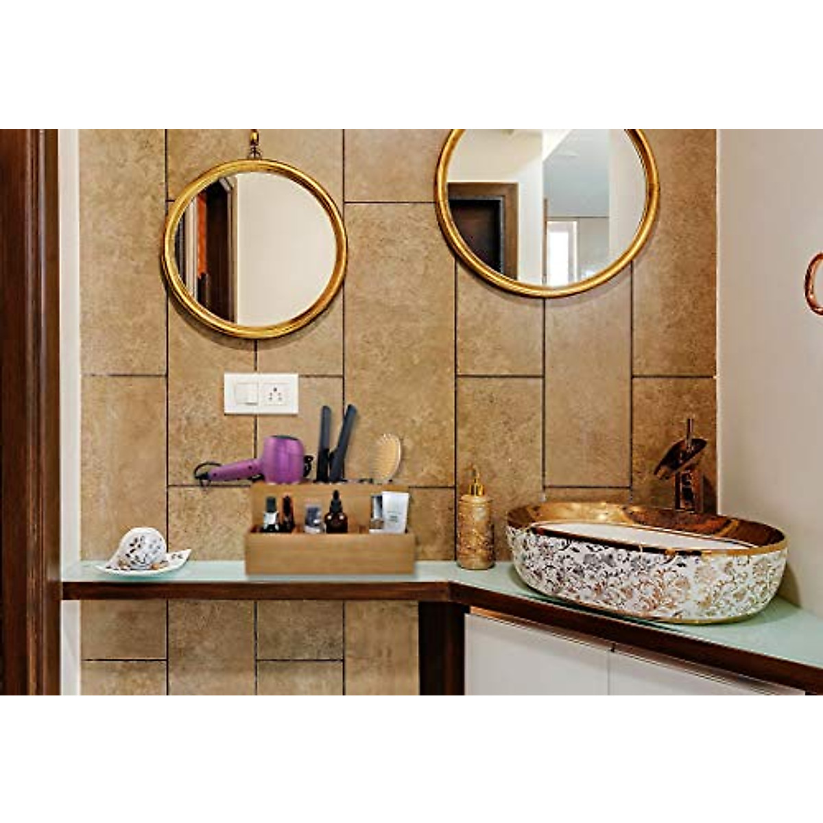 Spiretro Hair Tools Organizer, Hair Blow Dryer Care Styling Straightener, Flat Iron, Curling Wand, Brushes Holder, Caddy Storage for Vanity & Bathroom, Makeup, Wall Mount or Sit on Counter, Wood, Tan