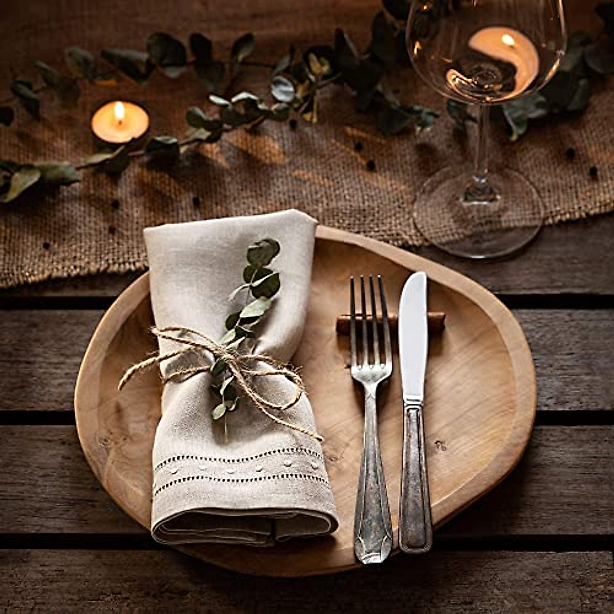 Linen Napkins - Natural 18 x 18 inch, Set of 4 Hemstitch Dinner Napkins Cloth with Embroidered Dot - Cloth Napkins from 100% French Flax, Natural Fabric