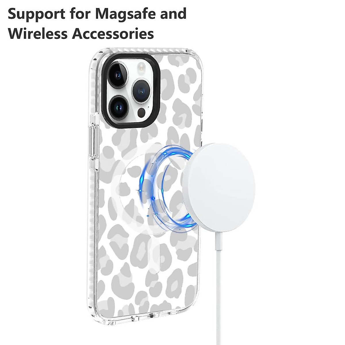 SAKUULO Magnetic for iPhone 14 Pro Case Light Gray Leopard Print Pattern [Compatible with MagSafe] Wireless Charge Slim Shockproof Case for iPhone 14 Pro Phone Case, Gray Leopard (6.1")