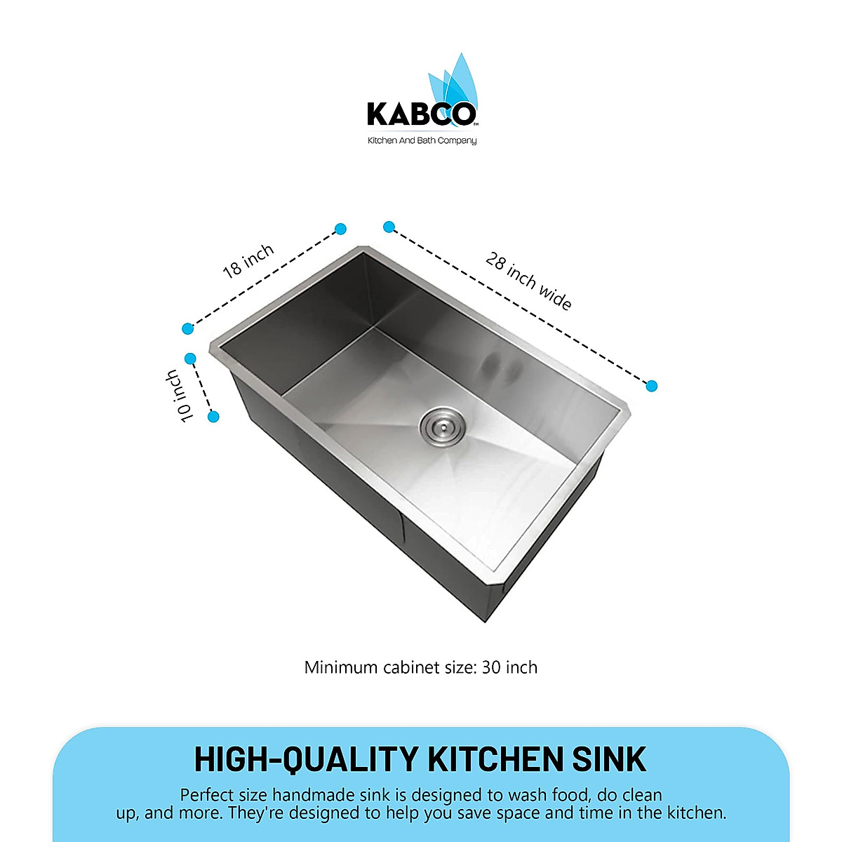 KABCO 28 Inch Single Bowl Stainless Steel Handmade Kitchen Sink with Sink Strainer, Sink Grid, a Rolling Up Grid, and Bamboo Cutting Board, Rust Resistant Sound, and Heatproof 16 Gauge Undermount Sink