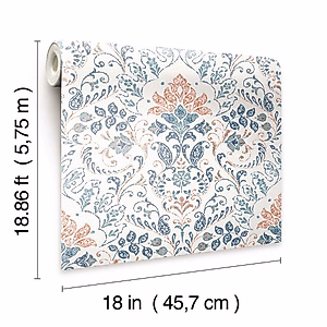 RoomMates RMK11833WP Orange and Blue Persian Damask Peel and Stick Wallpaper