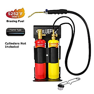 BLUEFIRE Oxypropane High Heat Welding Torch kit Free Accessory of Flint Lighter and Cylinder Holder Rack Duel Fuel by Oxygen and MAPP MAP PRO and Propane Brazing Soldering Gas Cylinders Not Included
