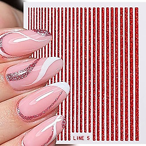 Line Nail Art Stickers Decals 3D Holographic Line Nail Stickers 6Pcs Rose Gold Silver Metal Stripe Nail Decals Geometric Stripe Line Curve Adhesive Nails Art Supplies Sliders for Women Manicure Decor