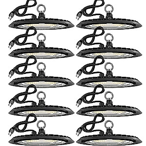 Sunco 10 Pack UFO LED Plug & Play High Bay Light, Lighting for Warehouse, 5000K Daylight, 150W, Power Cord Included, 19500 LM, 120VAC, IP65 Waterproof Shatterproof Fixture - UL Listed