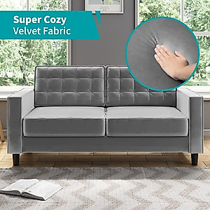 BALUS 63" W Velvet Loveseat Sofa, Mid-Century Modern Loveseats Couch Furniture for Living Room, Upholstered Love Seats 2-Seater Living Room, Bedroom, Apartment and Small Space (Grey)