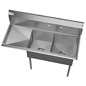 KoolMore 2 Compartment Stainless Steel NSF Commercial Kitchen Prep & Utility Sink with 2 Drainboards - Bowl Size 15" x 15" x 12", Silver, Left Drainboard