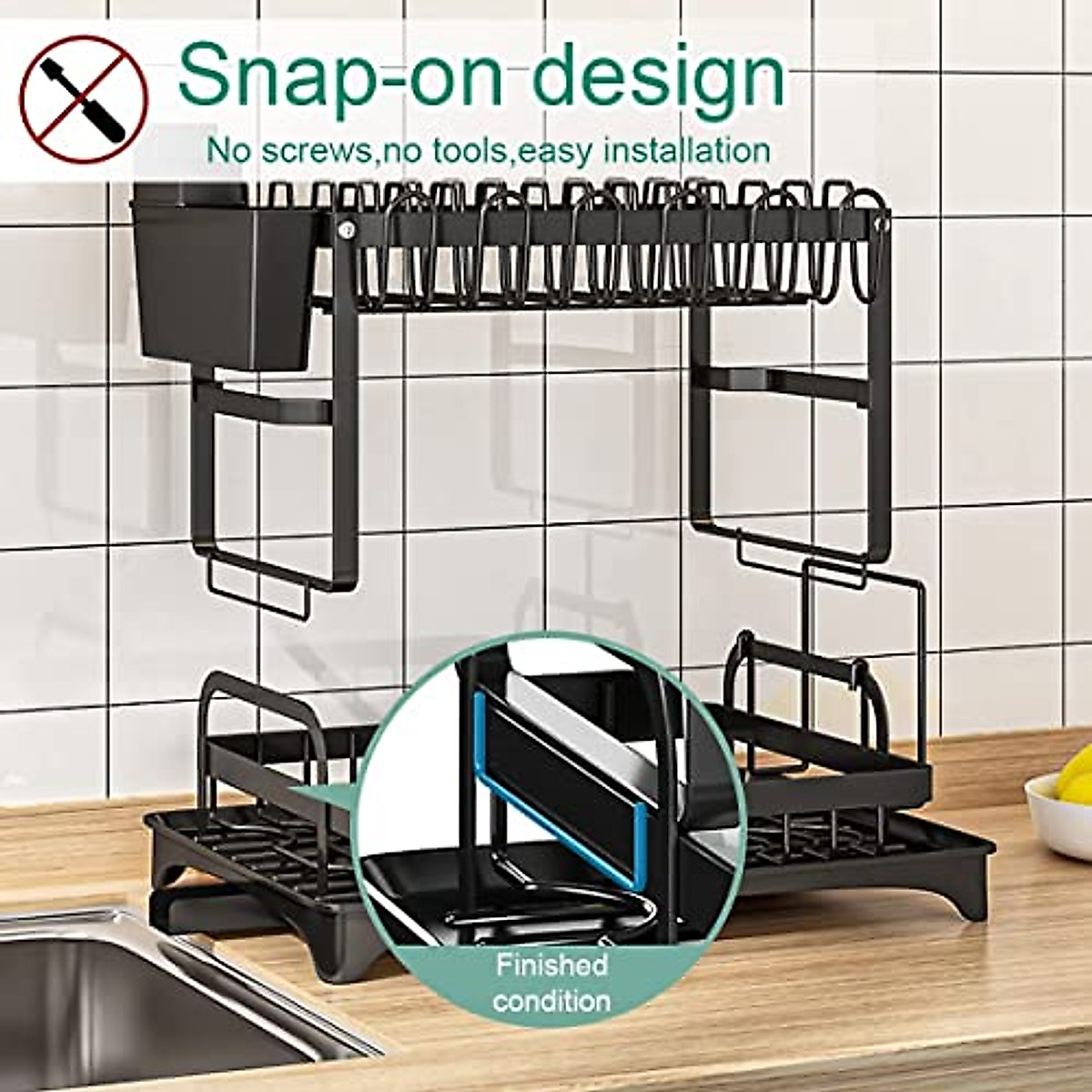 Hovshelf Dish Racks for Kitchen Counter, Dish Drying Rack with Drainboard, 2 Tier Dish Drainers for Kitchen Counter(Black)