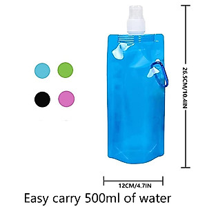 TOPYUEYILIYI 4pcs Foldable Sports Bottle Plastic Water Bag 500ml Collapsible Drink Pouches Bags with Clip Reusable Foldable Plastic Water Bag for Outdoor Sports Biking Hiking Trave
