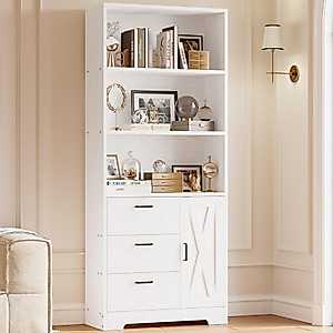 IRONCK Bookshelf with Door and 3 Drawers, 71in Tall Bookcase Shelf with 3-Tier Shelves, for Bedroom Living Room Entrance Hallway Home Office