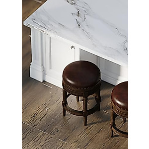 Maven Lane Pullman 26 Inch Tall Counter Height Upholstered Backless Barstool in Dark Walnut Finish with Vintage Brown Vegan Leather Cushion Seat