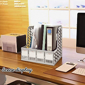 SAYEEC 4 Compartment File Holder Folder Grid Bookshelf Magazine Organizer Plastic File Frame Desktop with Blank Labels A7 Notebook Storage Assemble File Box for Work/Office/Study