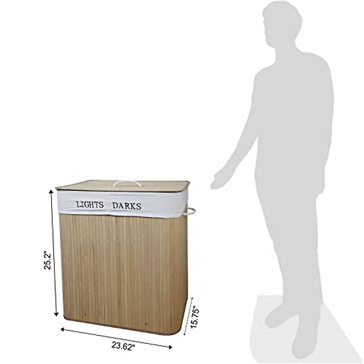 Double Laundry Hamper with Lid, Divided Laundry Basket with Cotton Handles, Bamboo Hamper with Liner for Laundry Room, Bedroom, 153L