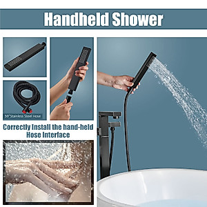 Aolemi Matte Black Freestanding Bathtub Faucet Floor Mount Tub Filler Single Handle Brass Tap with Hand Shower and Swivel Spout