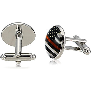 American Flag Tie Bar Clip and Cufflinks Set - Silver Colored Metal Plated - Luxury Clothing Accessories (Thin Red Line)