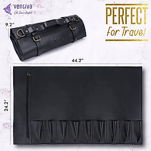 Ventiva - Black Leather Knife Roll Storage Bag, 9 Pockets w/ Large Utility Pocket, Adjustable/Detachable Shoulder Strap, Travel-Friendly and Durable