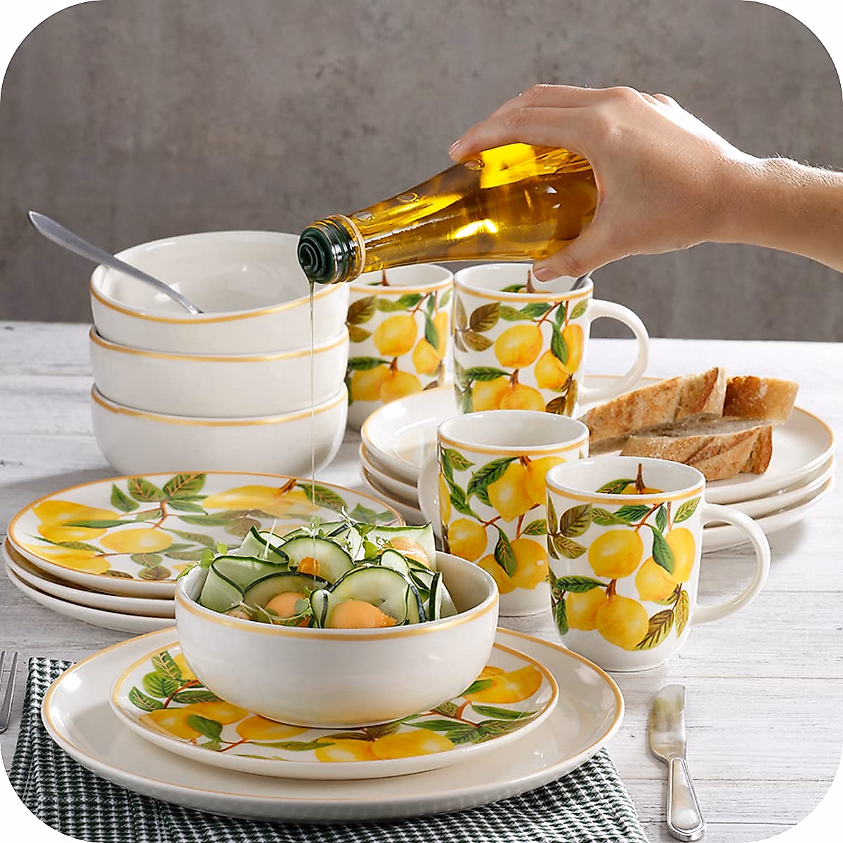 Corona Dinnerware Set 16– piece, Plates Bowls and Mugs Set, Ceramic Sets for 4, Microwave and Dishwasher Safe, Alegra Yellow Lemon Design