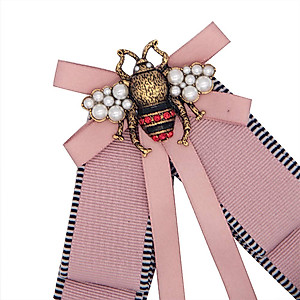 Vpang Retro Pearl Bee Bow Brooch Pre-Tied Neck Tie Brooch Pin Satin Ribbon Bow Tie for Women Wedding Party Bow Tie