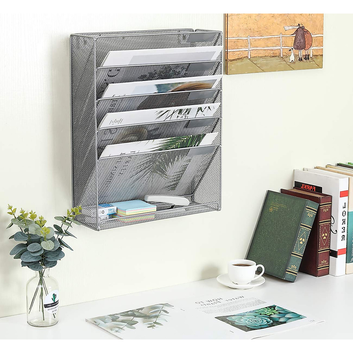 EasyPAG 5 Slot Wall Hanging File Organizer Vertical Office Desk /Wall Mounted File Holder Paper Organizer with Bottom Flat Tray,Black,Silver