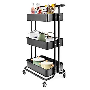 3-Tier Metal Utility Rolling Cart, Heavy Duty Multifunction Cart with Lockable Casters with Holder, Suitable for Office, Bathroom, Kitchen, Garden (Black)