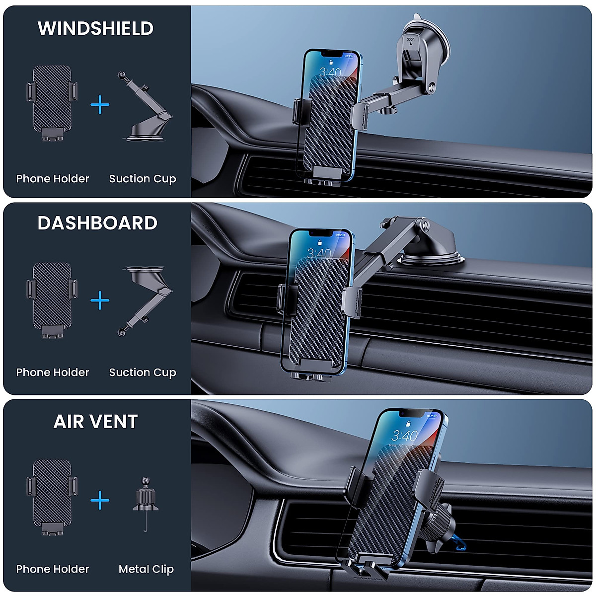 BIPOPIBO Car Phone Holder Mount Phone Mount for Car Dashboard Windshield Air Vent Universal Cell Phone Automobile Cradles Hands-Free Phone Stand for Car Fit iPhone Android