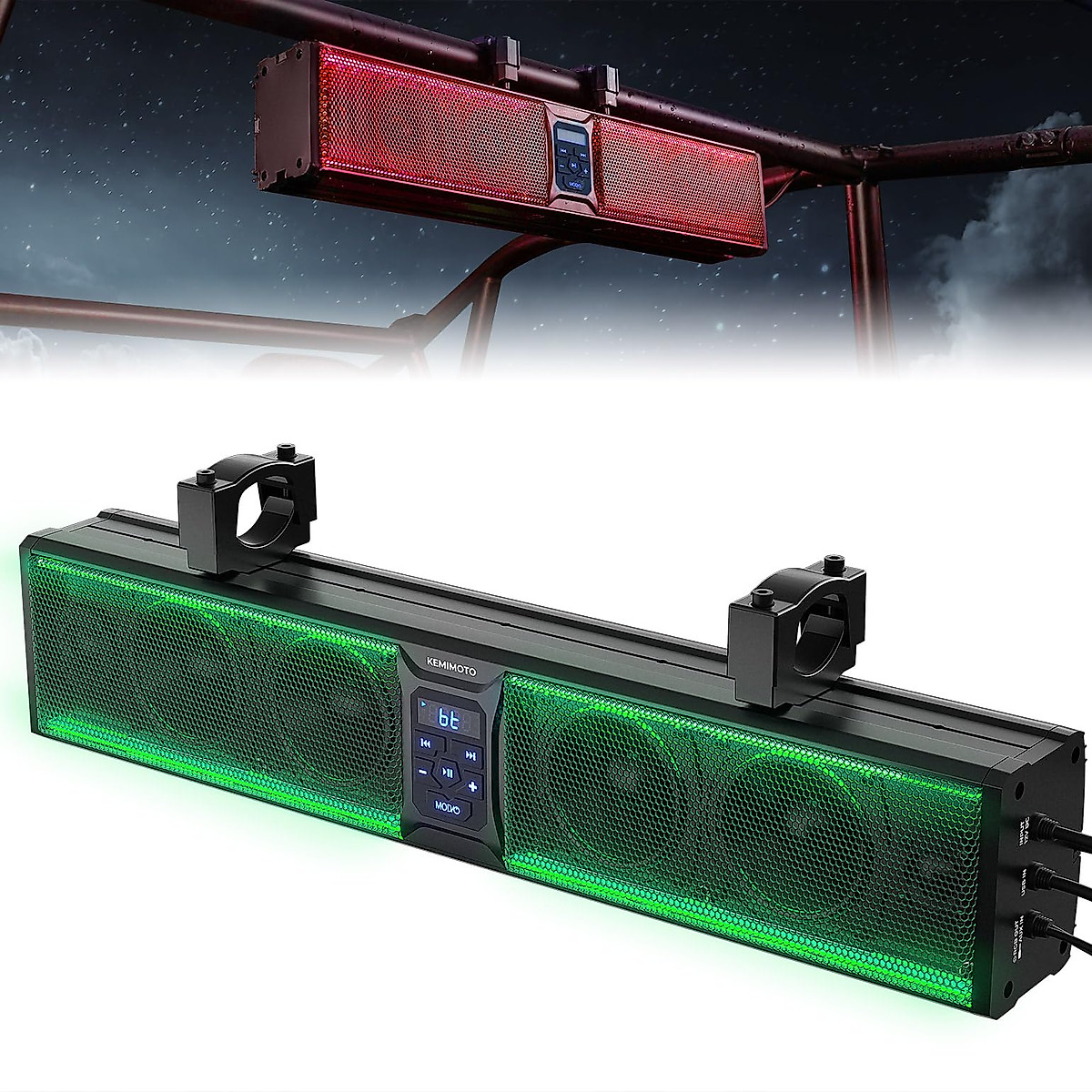 KEMIMOTO 6-Speaker Metal UTV Sound Bar Waterproof Bluetooth Music Sync Multicolor Lights 25-inch SxS Speakers Wireless Control Soundbar for UTV Golf Cart w/ 1.25 in - 2 in Roll Bar