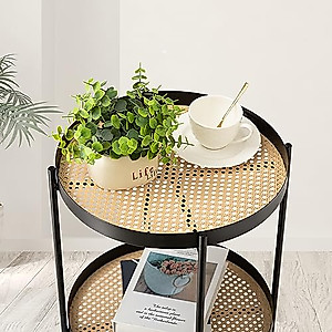 danpinera Black Side Table, 2 Tier Removable Tray Imitation Rattan Table for Living Room, Small Round Table for Bedroom, Small Metal Table for Nightstand 20.47 Inch x 16.54 Inch