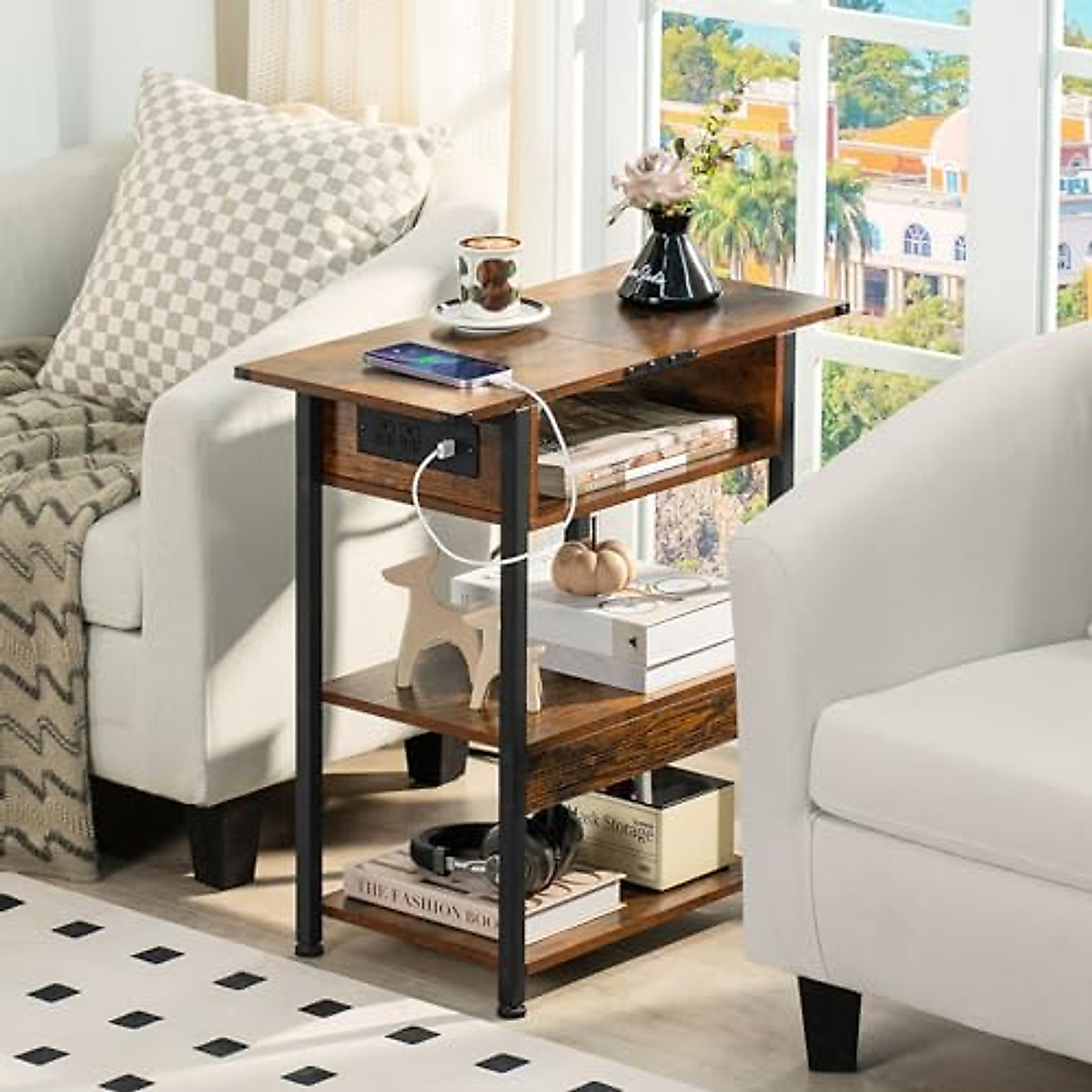 Lerliuo Side Table with Charging Station，Narrow End Table with USB Ports and Outlets,Brown Skinny Nightstand with Open Storage Shelf for Small Space，Slim Sofa Bedside Table for Living Room Bedroom