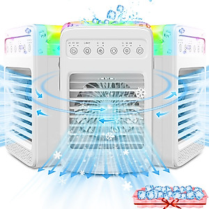 Portable Air Conditioners, 3-IN-1 Mini Air Conditioners,180 ° oscillation with 4 Wind Speed Air Cooler, 7 LED Light AC Unit, Large Water Tank Portable AC for Room/Living room/Classroom/Office/Garage