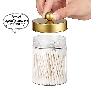 Komashr 3PC Farmhouse Decor Qtip Holder Apothecary Jars Bathroom Vanity Storage Organizer -Countertop Canister Plastic Container &Cute Stickers for Cotton Swab, Ball,Pad,Floss,Paper Clips (Gold)
