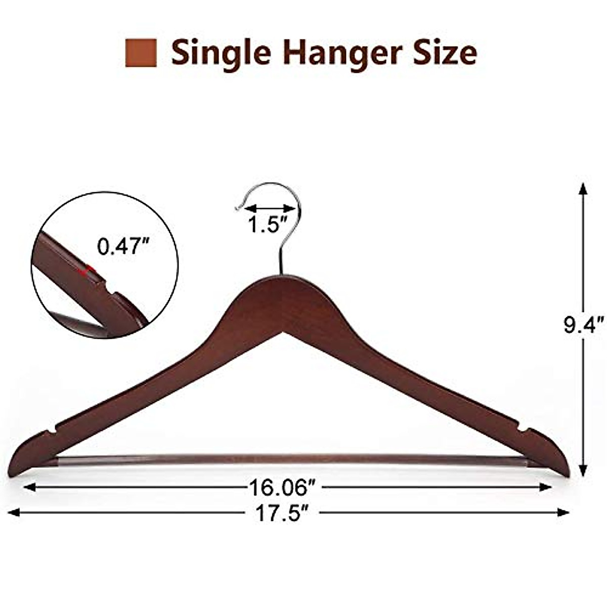 JS HANGER Multifunctional High Grade Solid Wooden Suit Hangers, Coat Hangers, Walnut Finish, 20-Pack