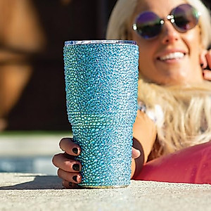 Strass Insulated Beverage Tumbler, Glass Rhinestones on Stainless Steel, Aqua Iridescent, Sold Individually
