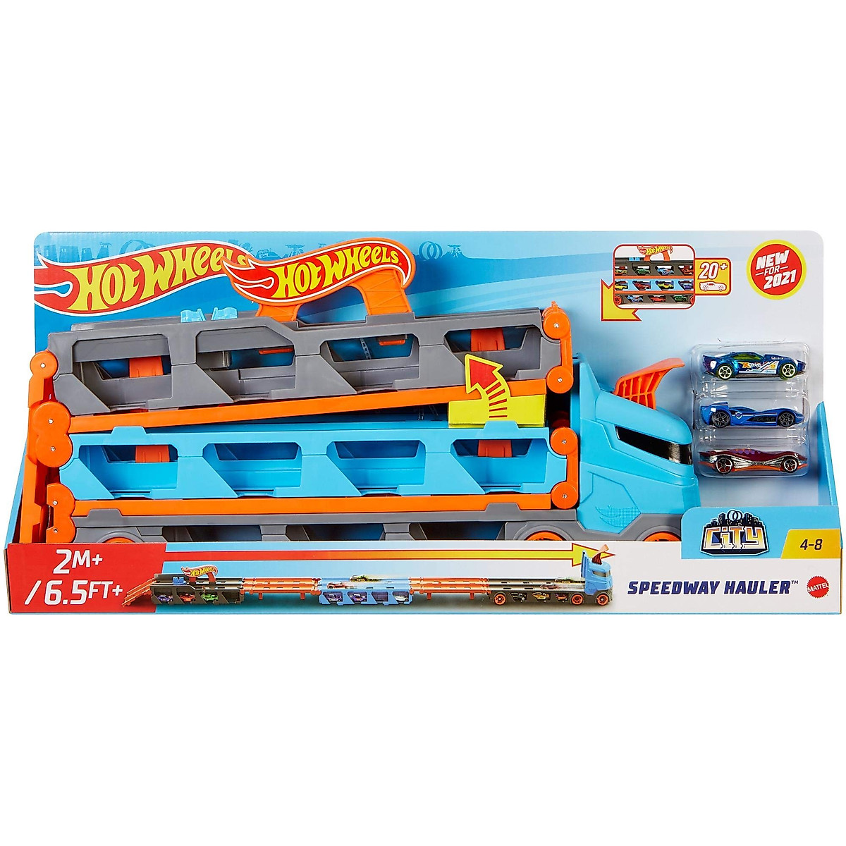 Hot Wheels Speedway Hauler Storage Carrier with 3 1:64 Scale Cars & Convertible 6-Foot Drag Race Track for Kids 4 to 8 Years Old, Stores 20+ Cars & Connects to Other City Sets, GVG37