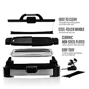 Ovente 2-in-1 Electric Grill and Griddle with Removable Tempered Glass Cover, 1700W Fast Heating Ceramic Non-Stick Plate Perfect for Indoor BBQ Cooking Breakfast, Pancake, Bacon and Egg, Black GR2001B